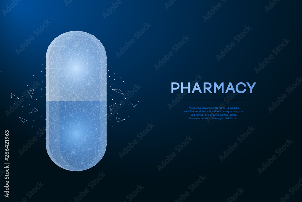 Pill capsule made by polygonal wireframe mesh. Low poly tablet. Concept ...