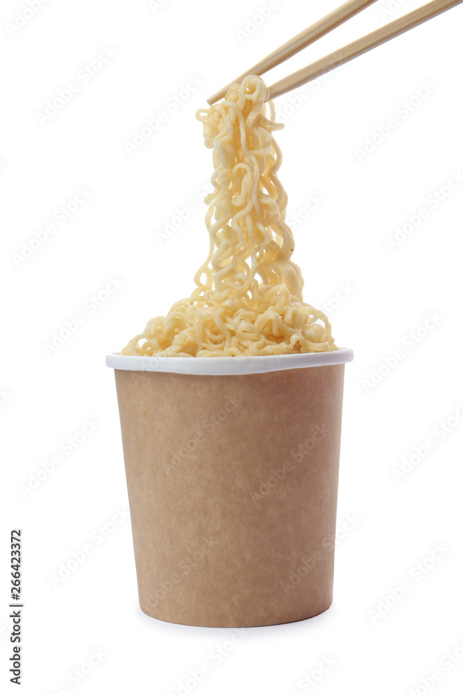 Paper cup of instant noodles and chopsticks isolated on white. Mockup ...