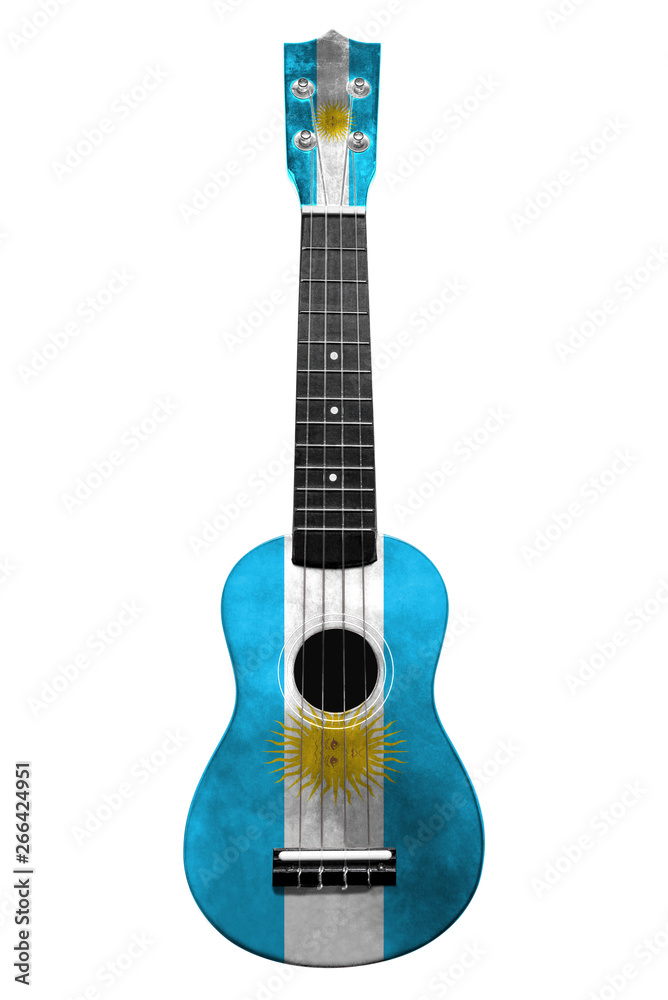 Hawaiian national guitar, ukulele, with a painted Argentina flag, on a ...