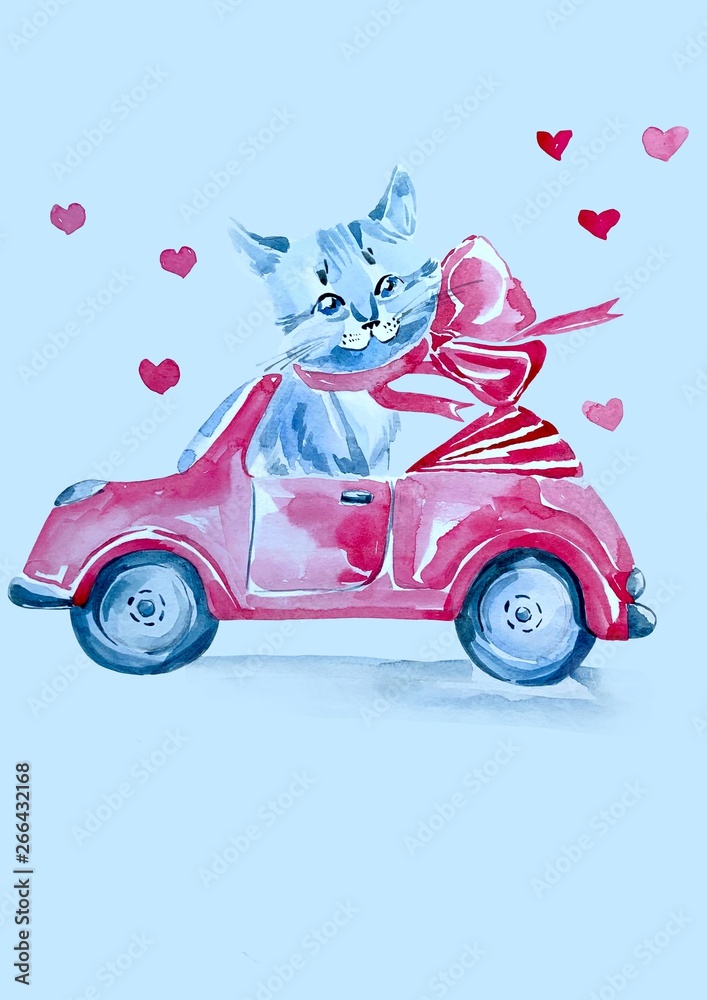 Watercolor blue cat car hand draw clip-art isolate white background ...
