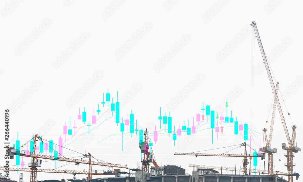 abstract business background of construction site with tower cranes and ...