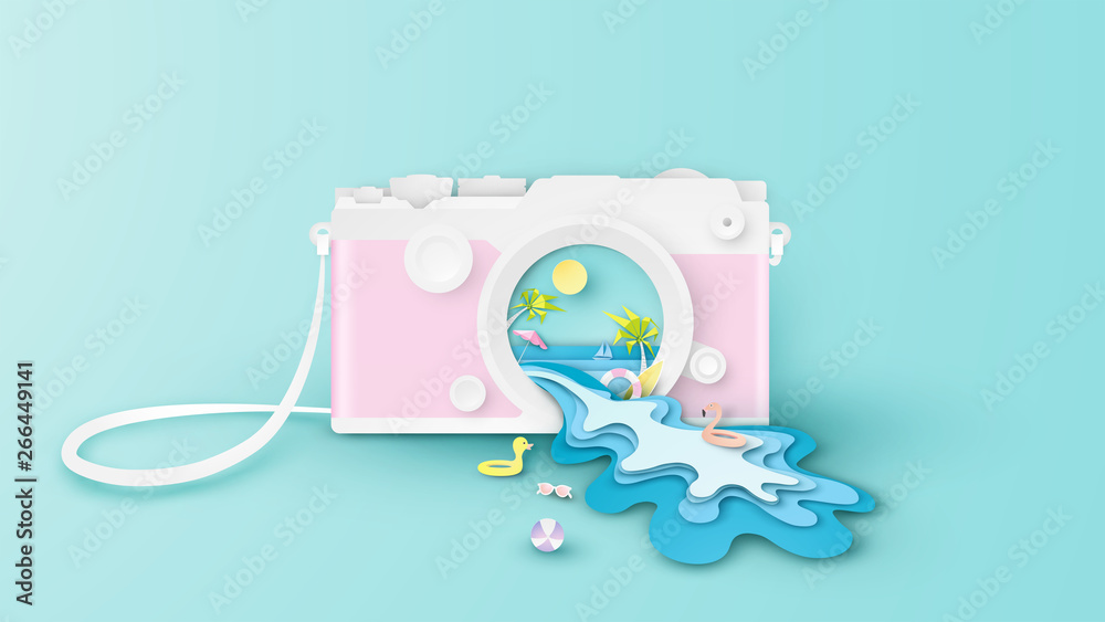 Illustration of creative design sea view inside compact camera lens ...