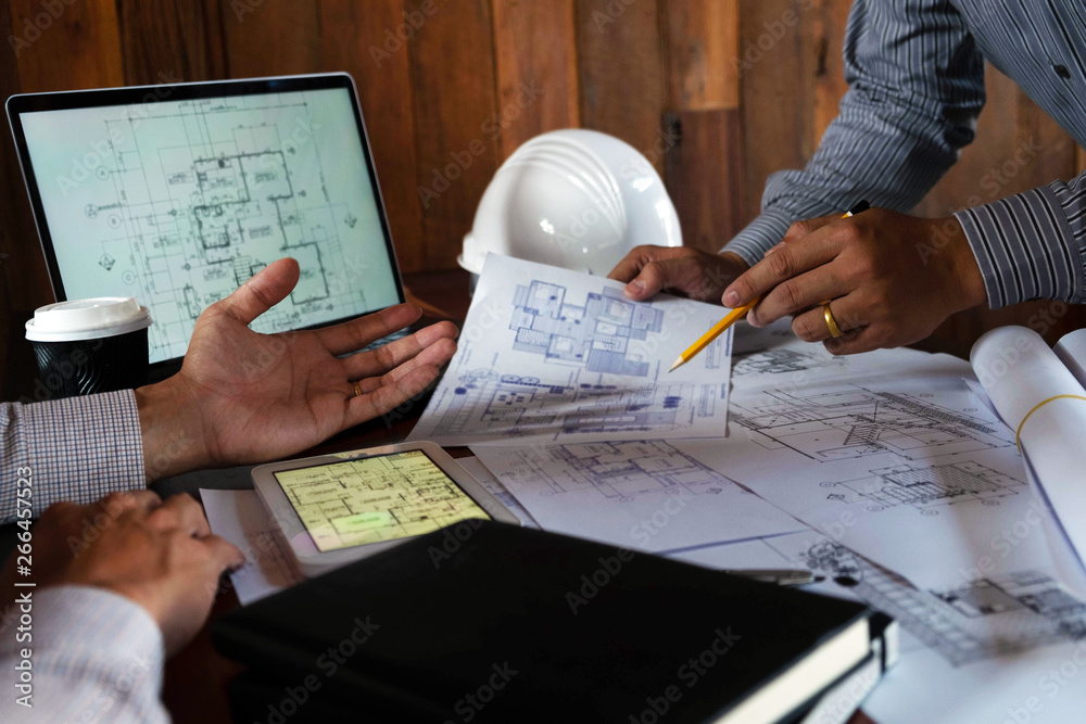 Engineering, consulting, design, construction, with colleagues, plan ...