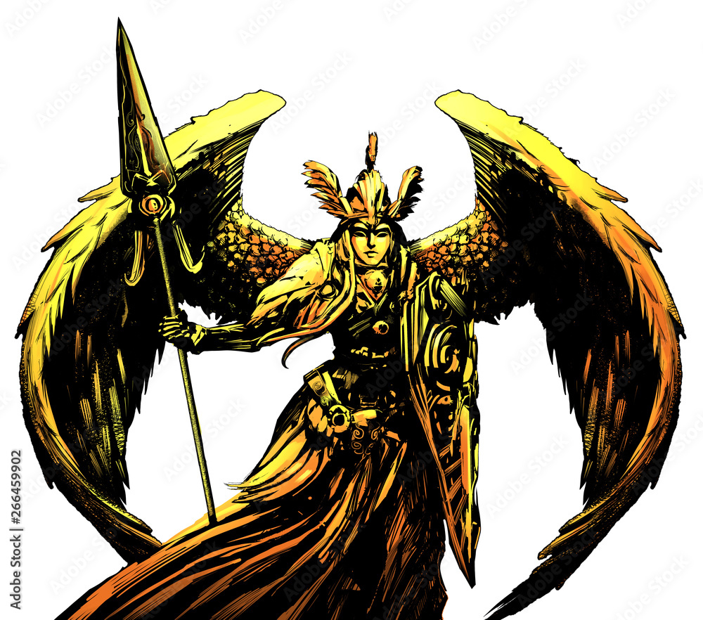 Beautiful valkyrie in armor with large wings, spear and shield. Stock ...
