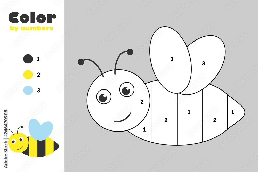 Bee in cartoon style, color by number, education paper game for the ...