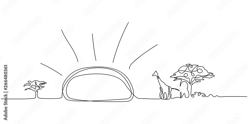 Continuous line landscape Africa. One line drawing Savannah in Africa ...