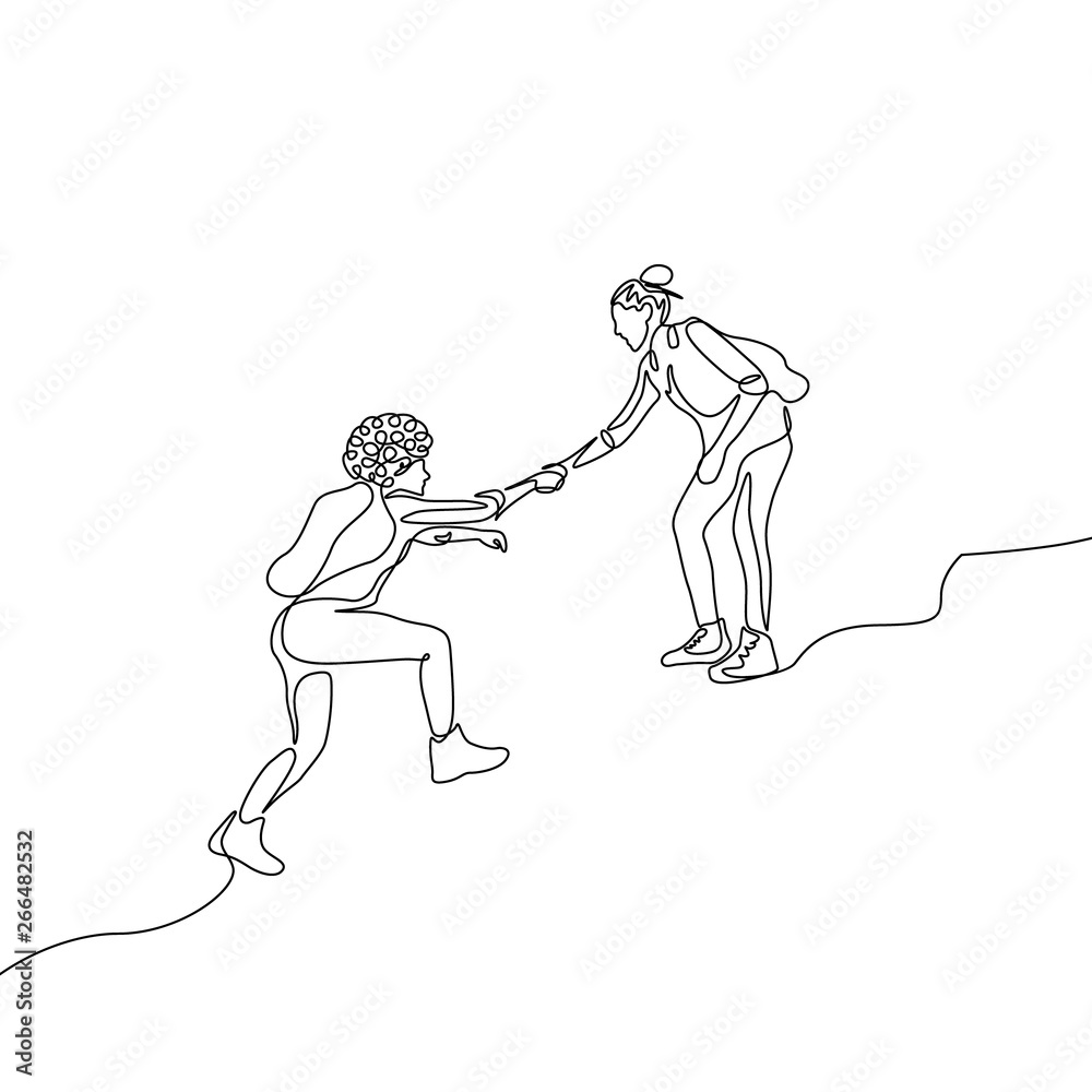 Continuous one line drawing woman help climb up to other woman. Mutual ...