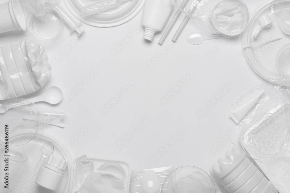 Plastic waste. Single-use plastic objects, ecological pollution. Frame ...