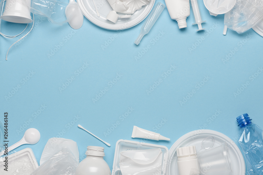 Plastic waste for recycling. Single-use plastic packaging products ...