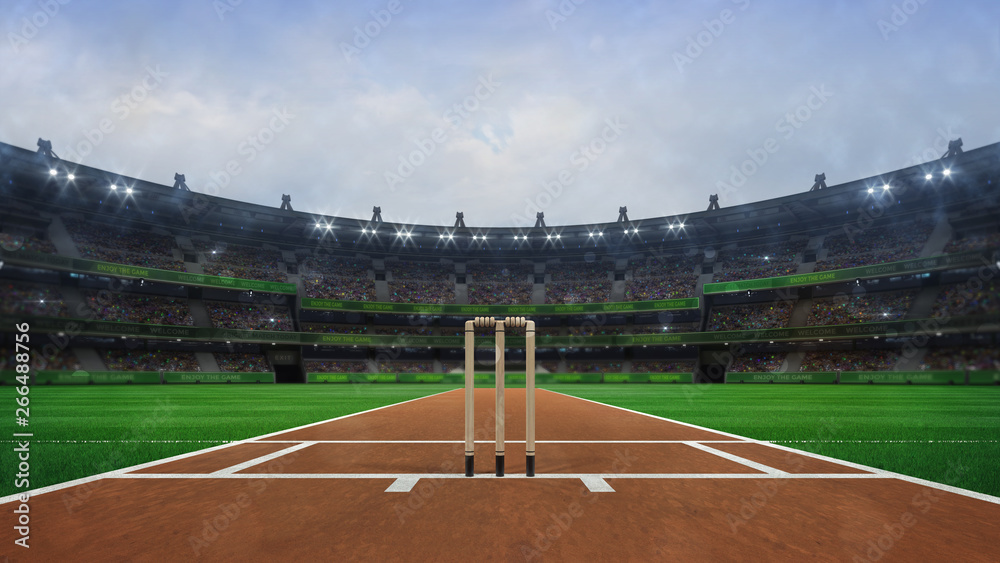 Grand cricket stadium with wooden wickets front view in daylight Stock ...