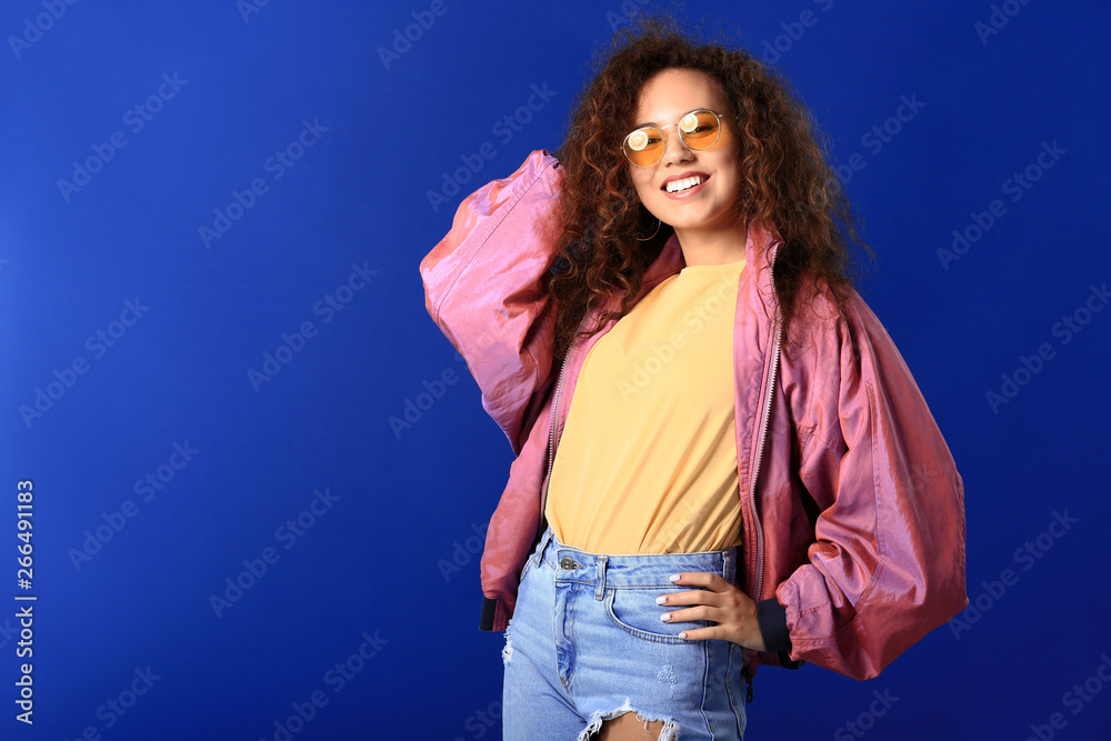 Beautiful young woman on color background Stock Photo | Adobe Stock