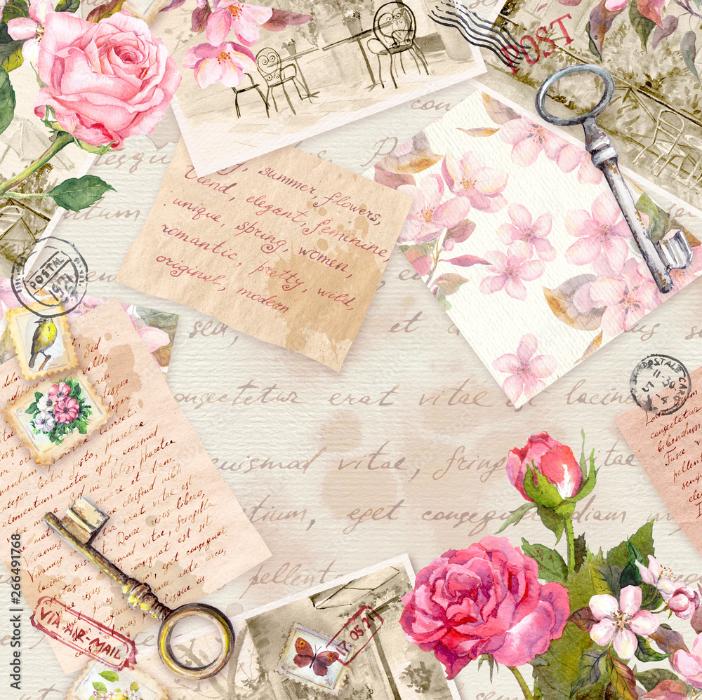 Vintage old paper with hand written letters, photos, stamps, keys ...