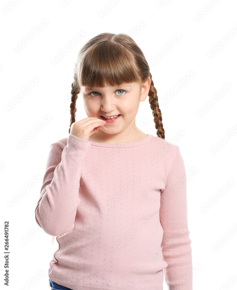 Cute deaf mute girl using sign language on white background Stock Photo ...