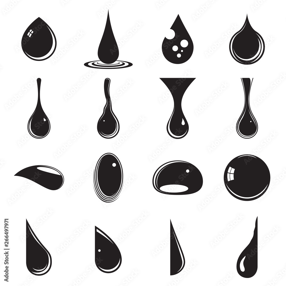 Drops of various liquids. Collection of 16 black drop icons on a white ...