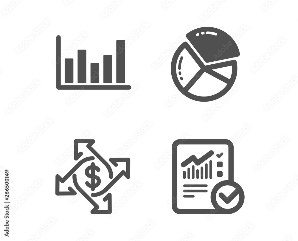 Set of Payment exchange, Column chart and Pie chart icons. Checked calculation sign. Money ...