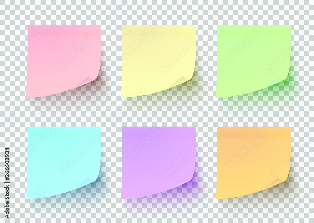 Colored paper stickers set. Shadowed sticky notes on transparent ...