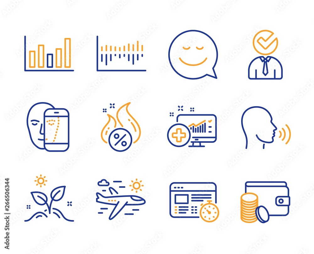 Web timer, Airplane travel and Column diagram icons simple set. Face biometrics, Smile and Hot ...