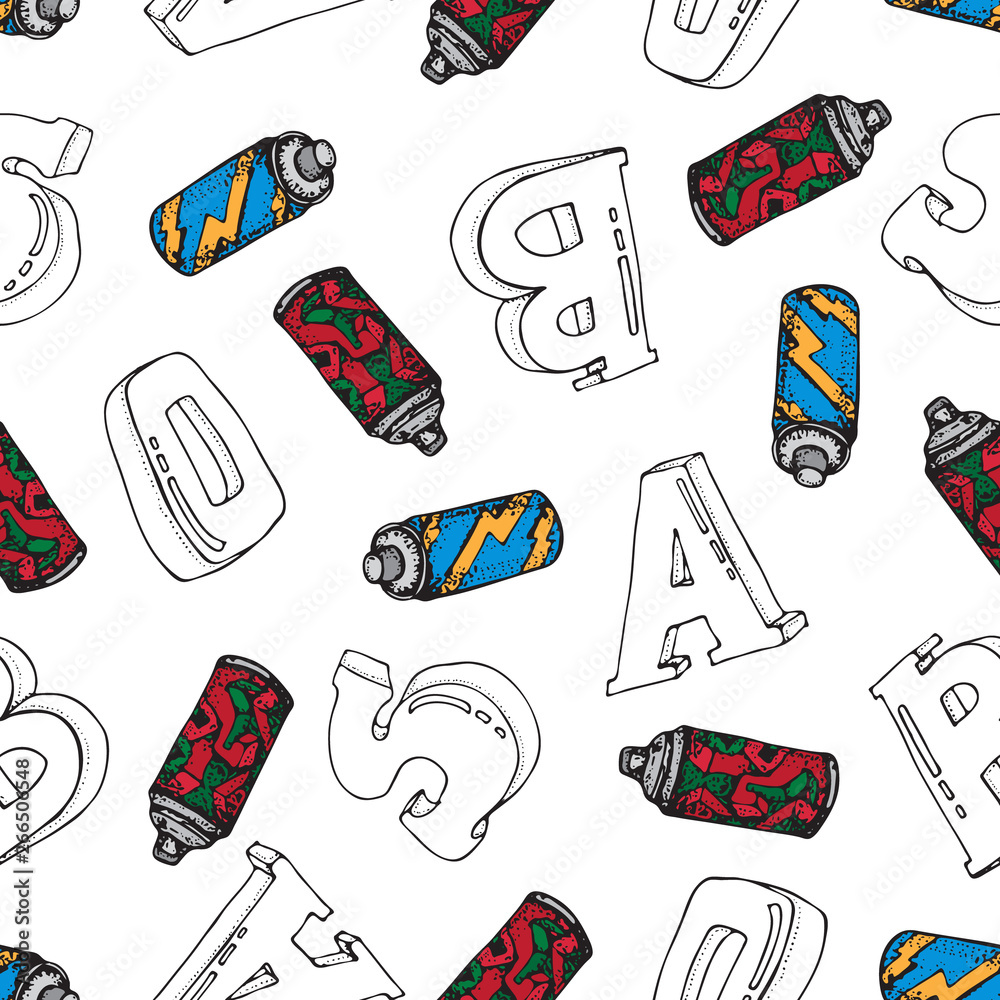 Graffiti spray can vector doodle seamless pattern. Aerosol paint in a ...
