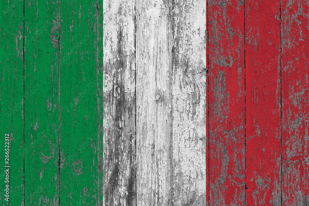 Flag of Italy painted on worn out wooden texture background. Stock ...