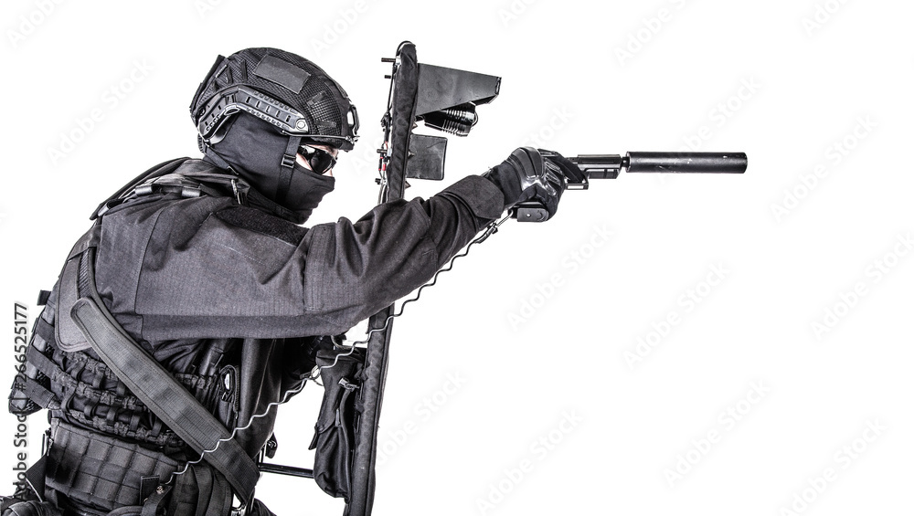 SWAT fighter hiding behind ballistic shield on white Stock Photo ...
