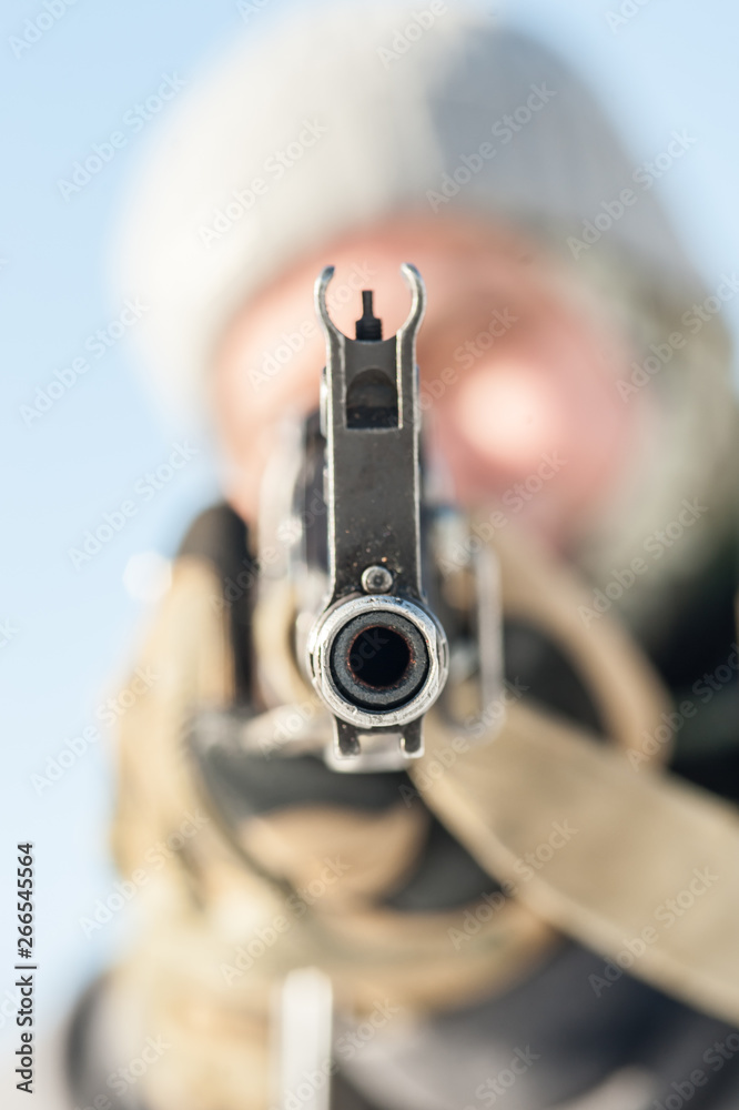 Kalashnikov rifle front view gun point. Direct machine gun close-up ...