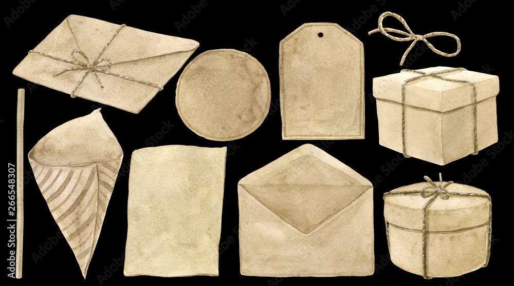 Craft Paper Watercolor Set. Natural color paper, envelope, gift box ...