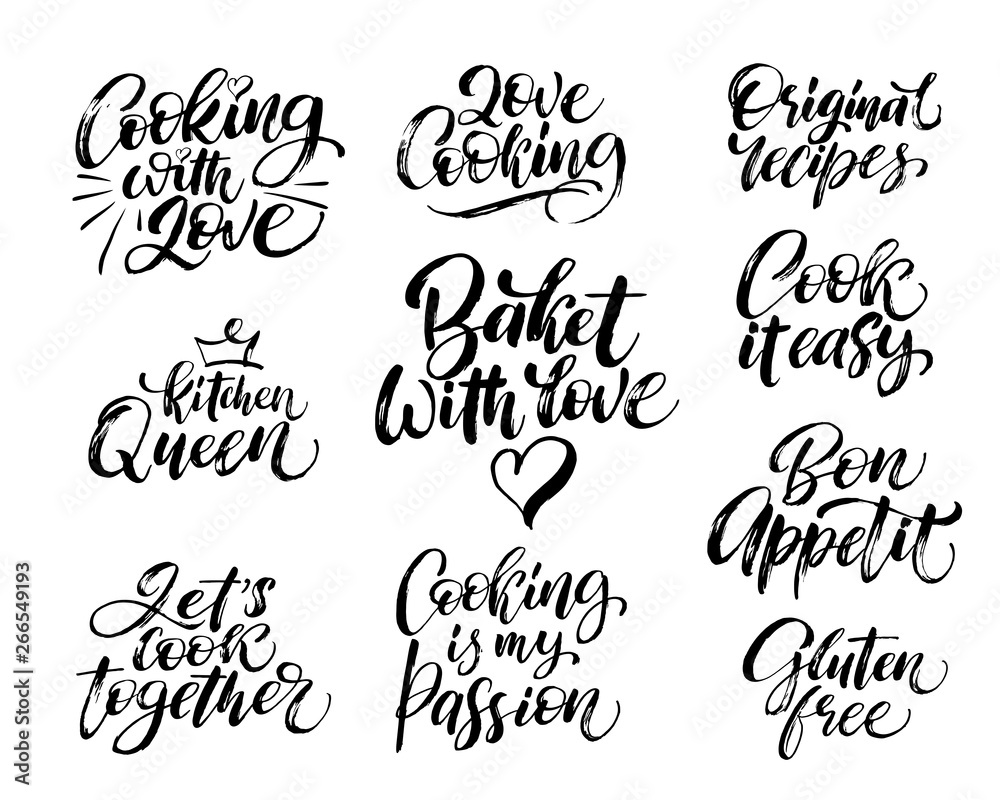 Cooking related quotes collection. Hand drawn kitchen calligraphy ...