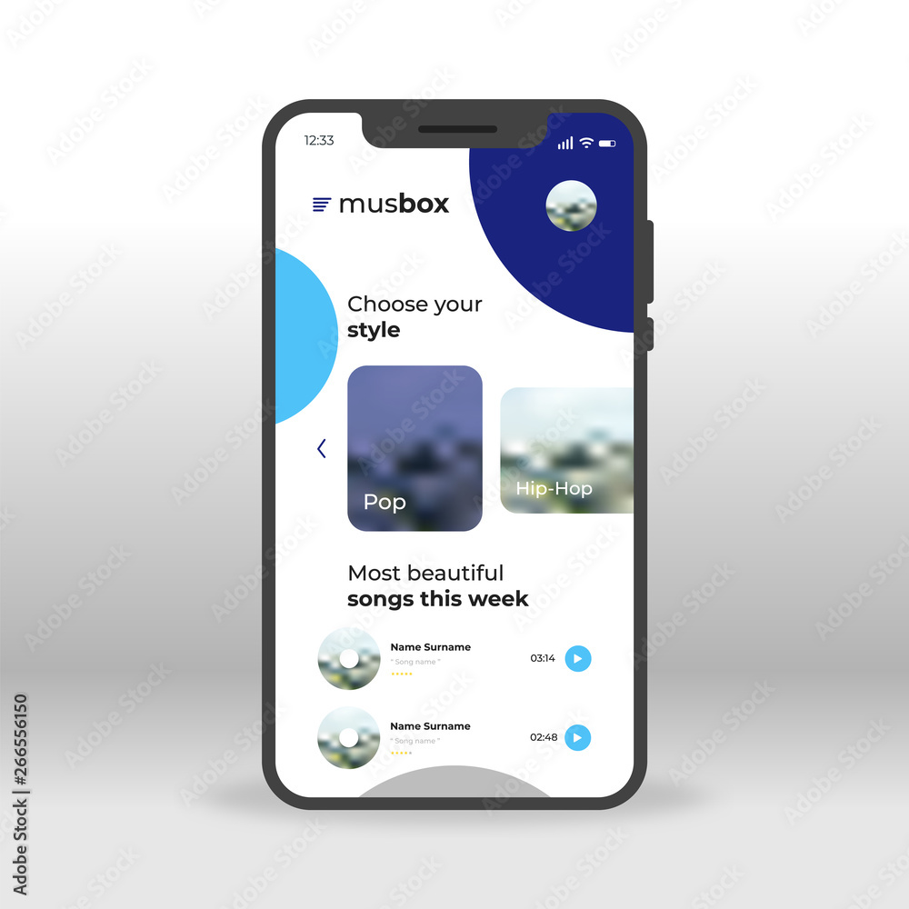 Blue Music box UI, UX, GUI screen for mobile apps design. Modern ...