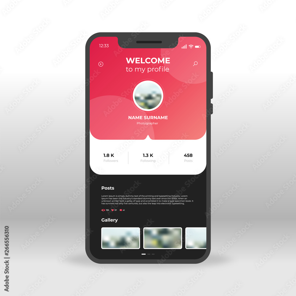 Red social network welcome profile UI, UX, GUI screen for mobile apps ...