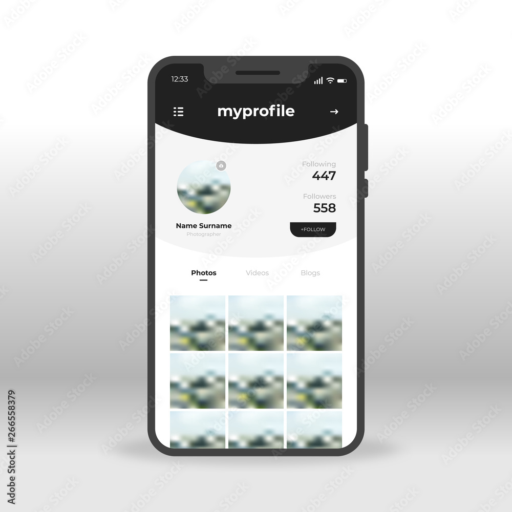 Gray social network profile UI, UX, GUI screen for mobile apps design ...