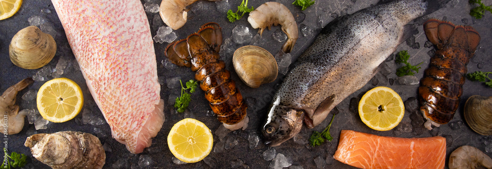 Collage of Various Seafood Items From a Fishmonger or Fish Market Stock ...