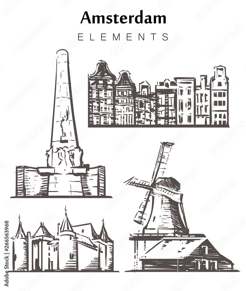 Set of hand-drawn Amsterdam buildings elements sketch vector ...