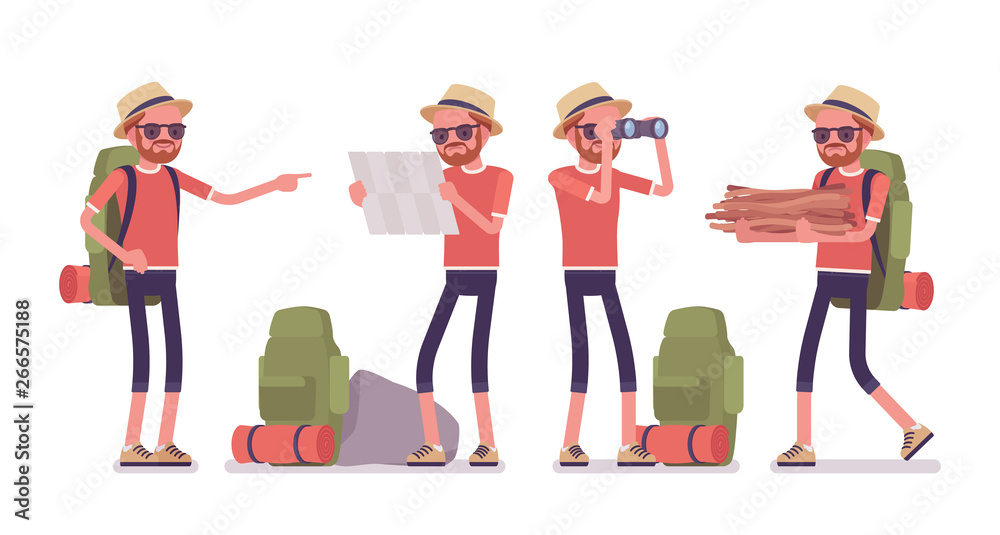 Hiking man exploring route. Male tourist with backpacking gear, wearing ...