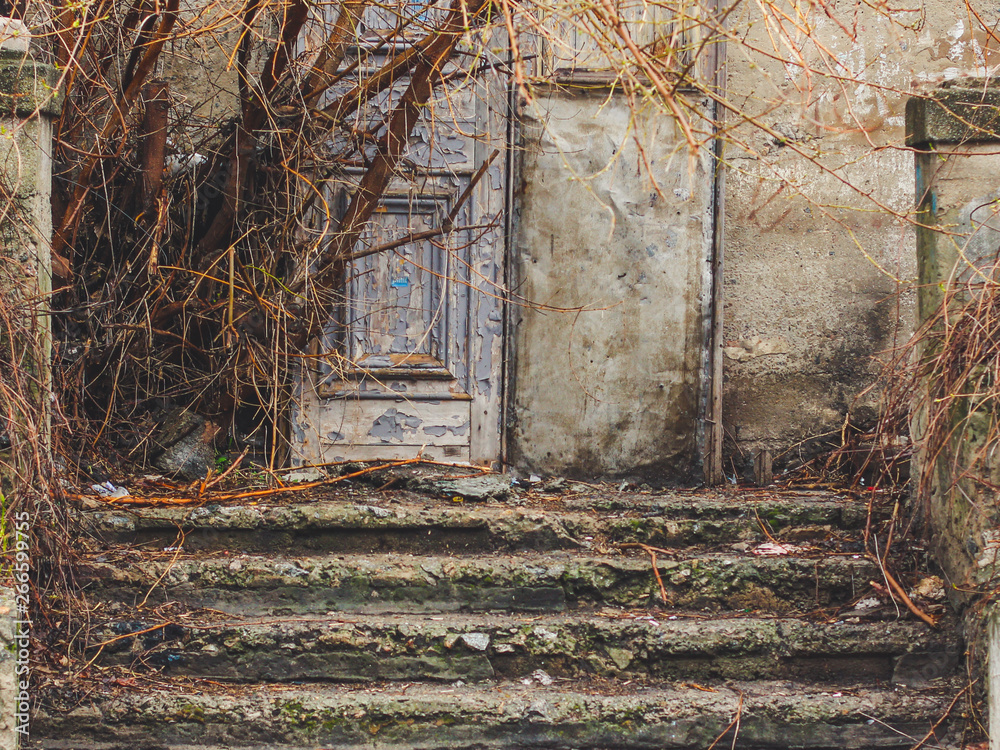 old abandoned building, scuffed and scraped the door and steps. top ...