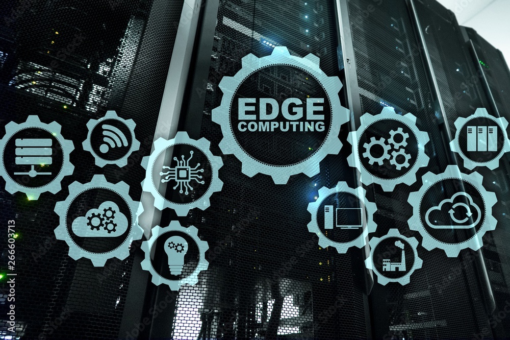 EDGE COMPUTING on modern server room background. Information technology ...
