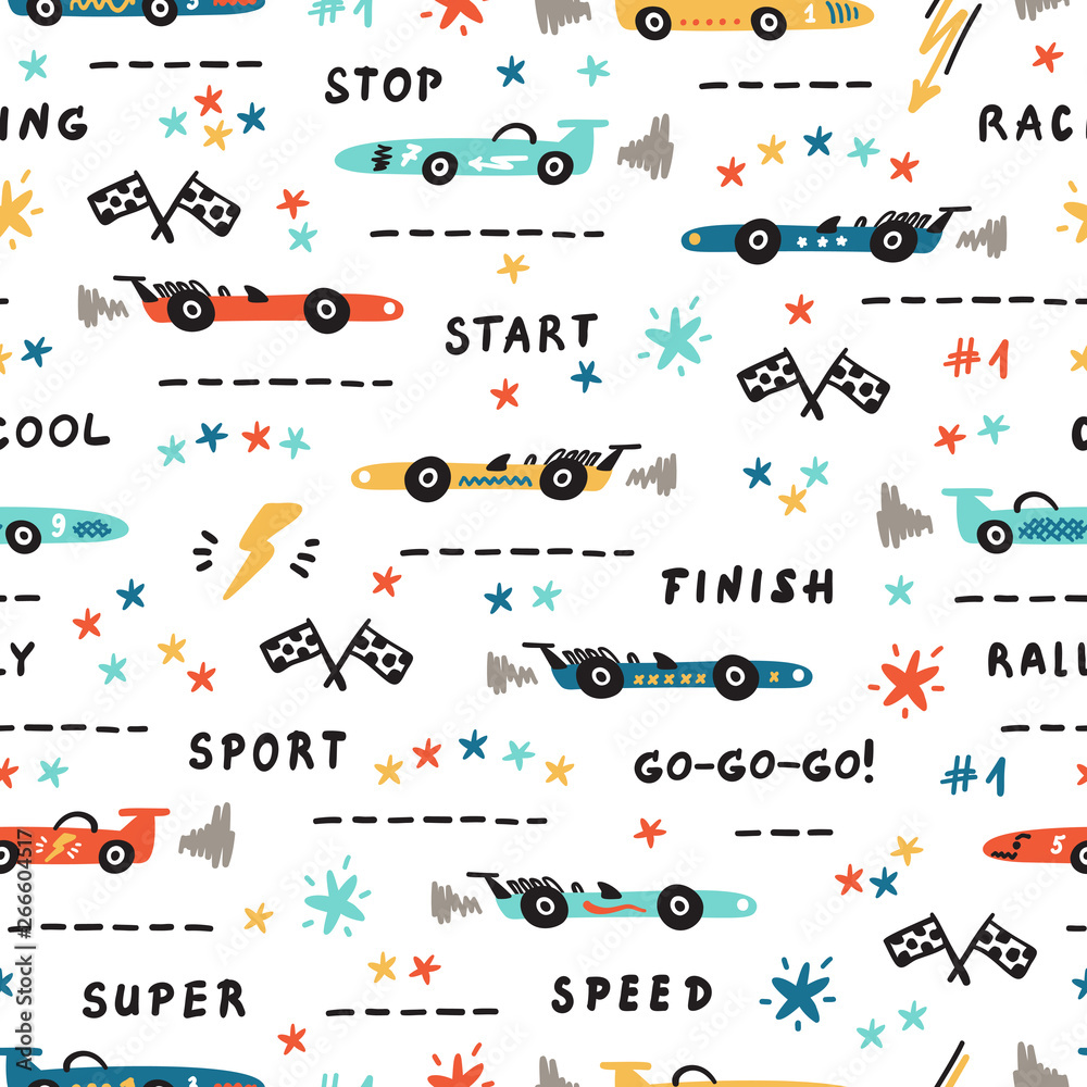 Toy Racing Cars Vector Seamless Pattern with Doodle Sport Car. Cartoon ...