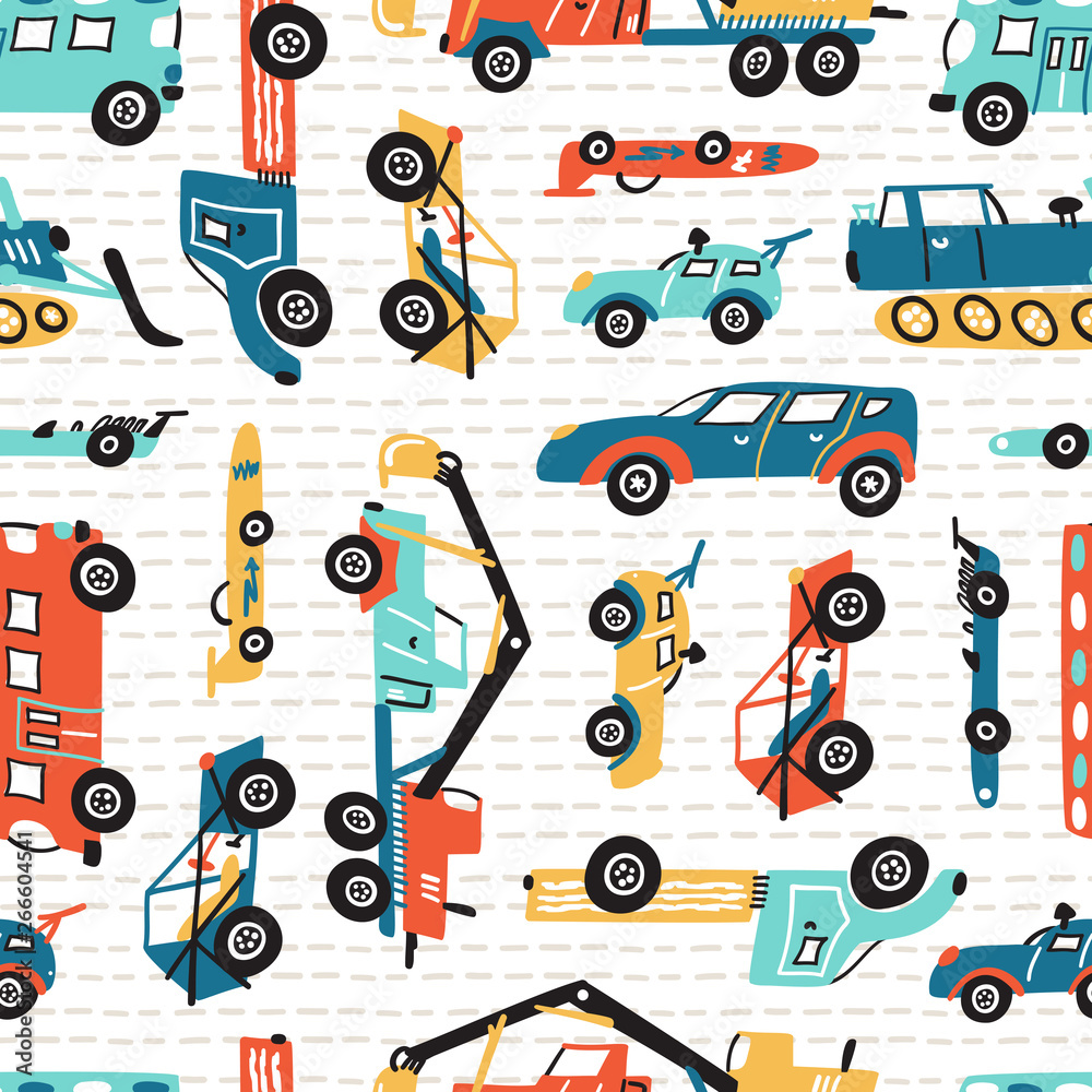 Vector Seamless Pattern with Doodle Toy Racing Cars, Heavy Construction ...