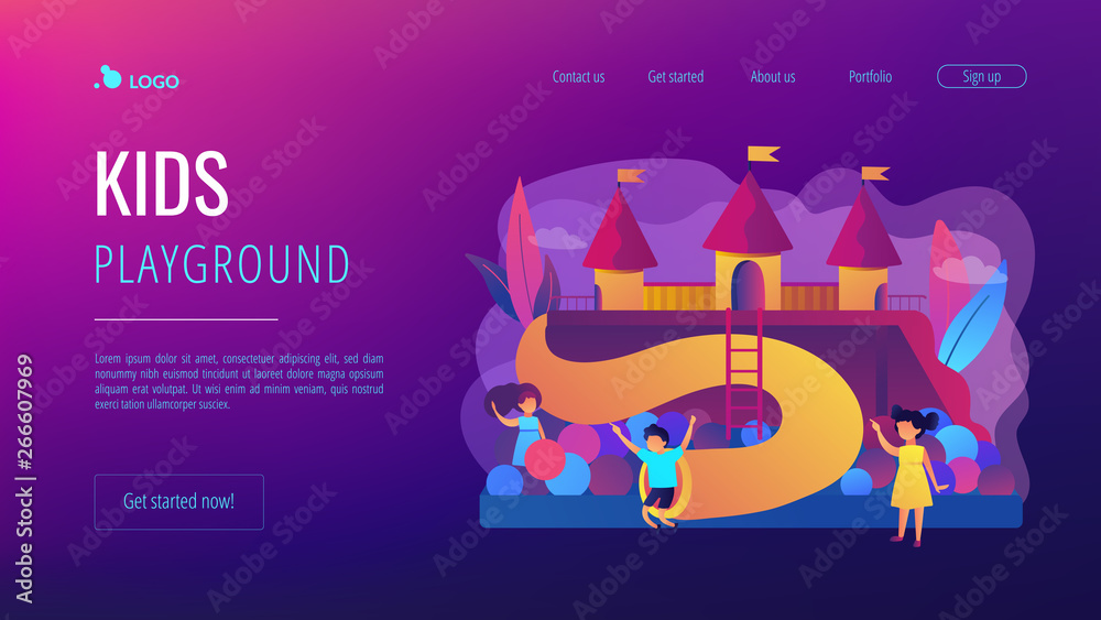 Happy children playing outdoors on playground with slides, balls and ...