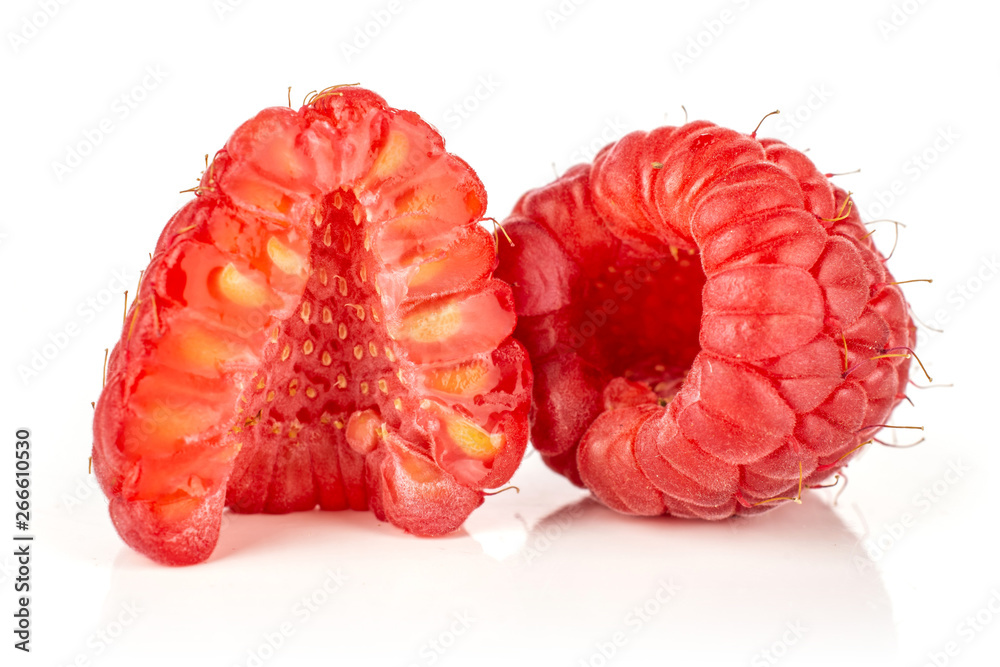 Group of one whole one half of fresh red raspberry cross section ...