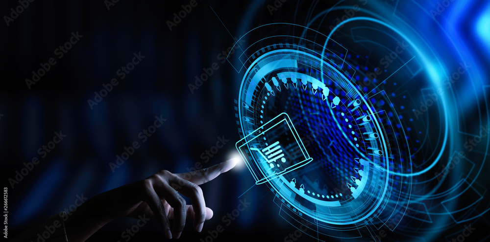 Hand pushing virtual symbol of online shopping with modern UI computer ...