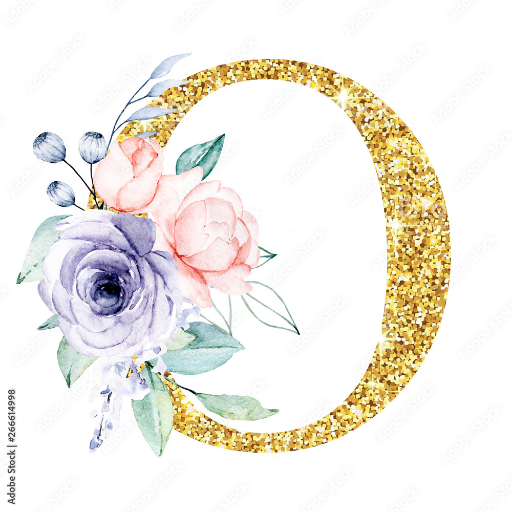 Floral alphabet, letter O with watercolor flowers and leaf. Gold ...