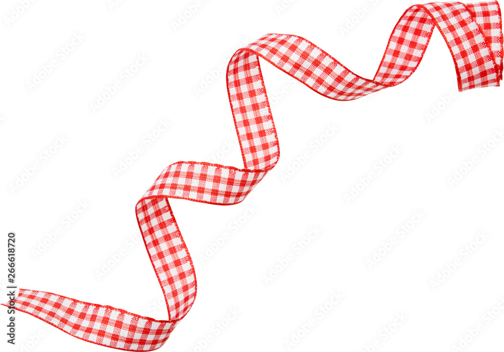 red check ribbon curl isolated on white background. Red plaid ribbon ...