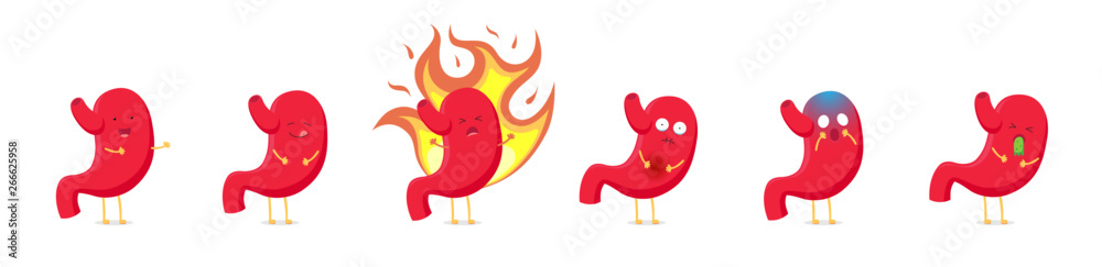 Cute cartoon stomach character emoji set in different positions and ...