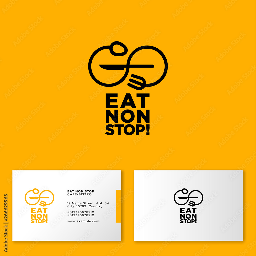 Eat Non Stop logo. Cafe or restaurant emblem. Spoon and fork as ...
