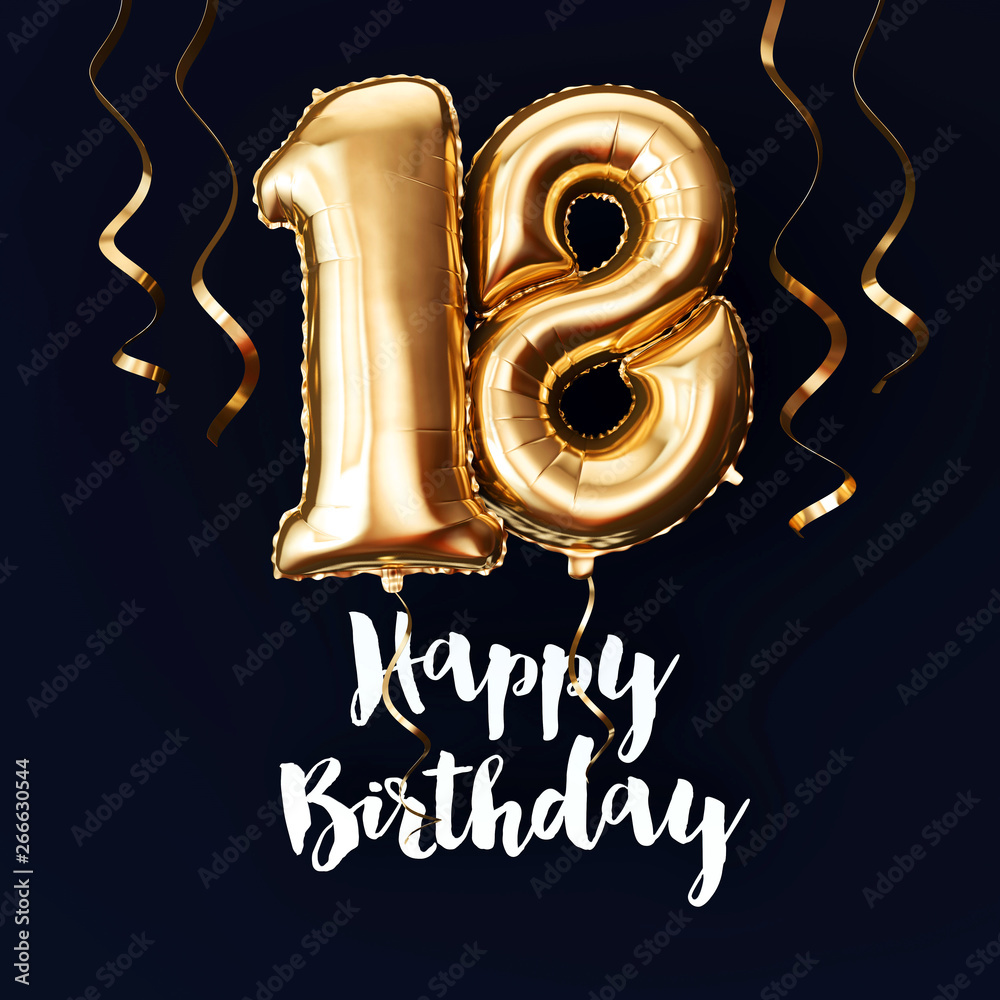 Happy 18th Birthday gold foil balloon background with ribbons. 3D ...