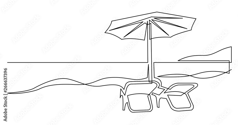 continuous line drawing of couple of beach chairs under umbrella on sea ...