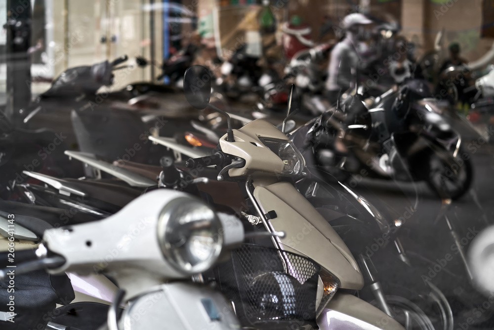 Motorbike store with panoramic windows with traffic reflection Stock ...