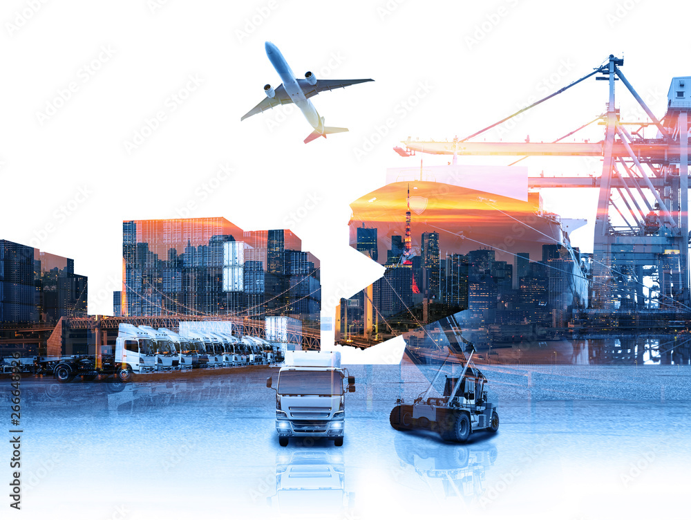 The double exposure image of Transportation, import-export and ...