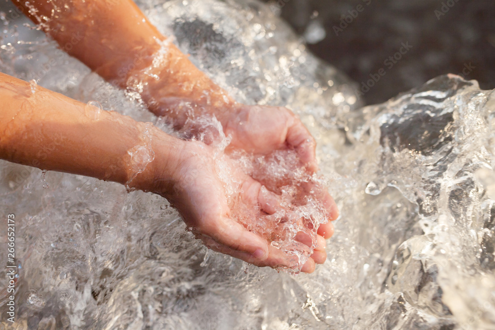 Hand of children get some water for drink from tap, Water scarcity ...