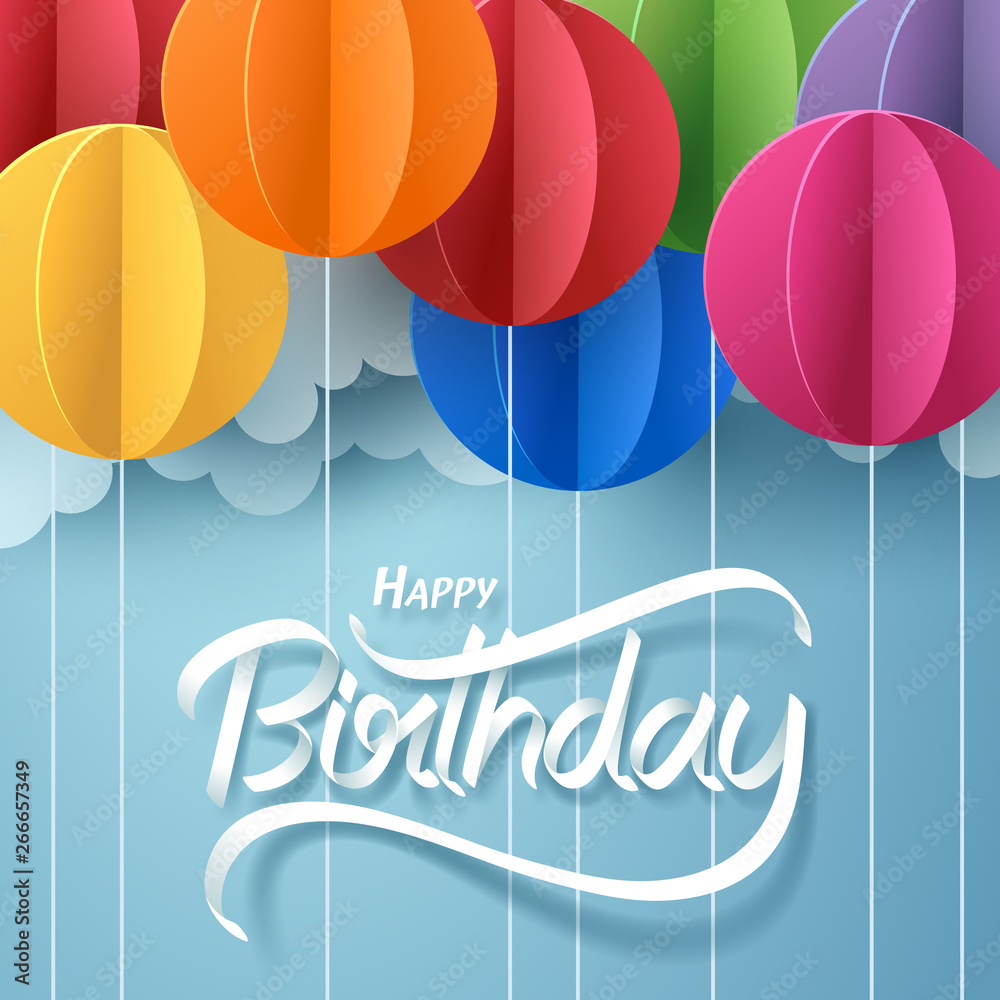 Paper art of happy birthday calligraphy hand lettering with colorful ...